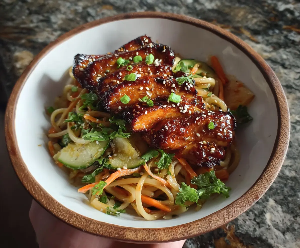 Sticky Glazed Pork Chops & Veggie Udon