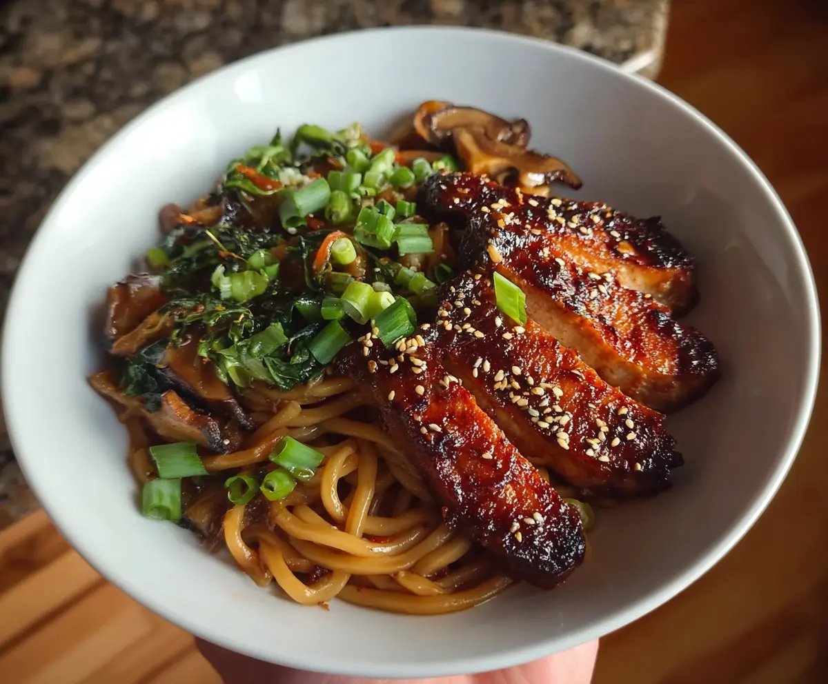 Sticky Glazed Pork Chops & Veggie Udon